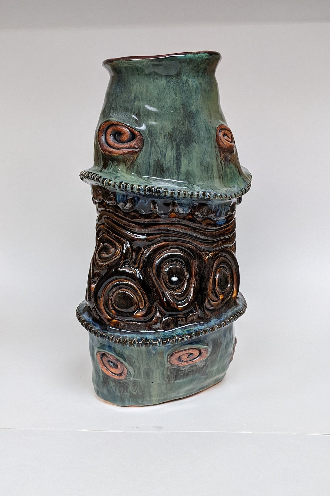 Handbuilt Ceramic Coil Vase: Blue Green Glaze Pottery - Etsy
