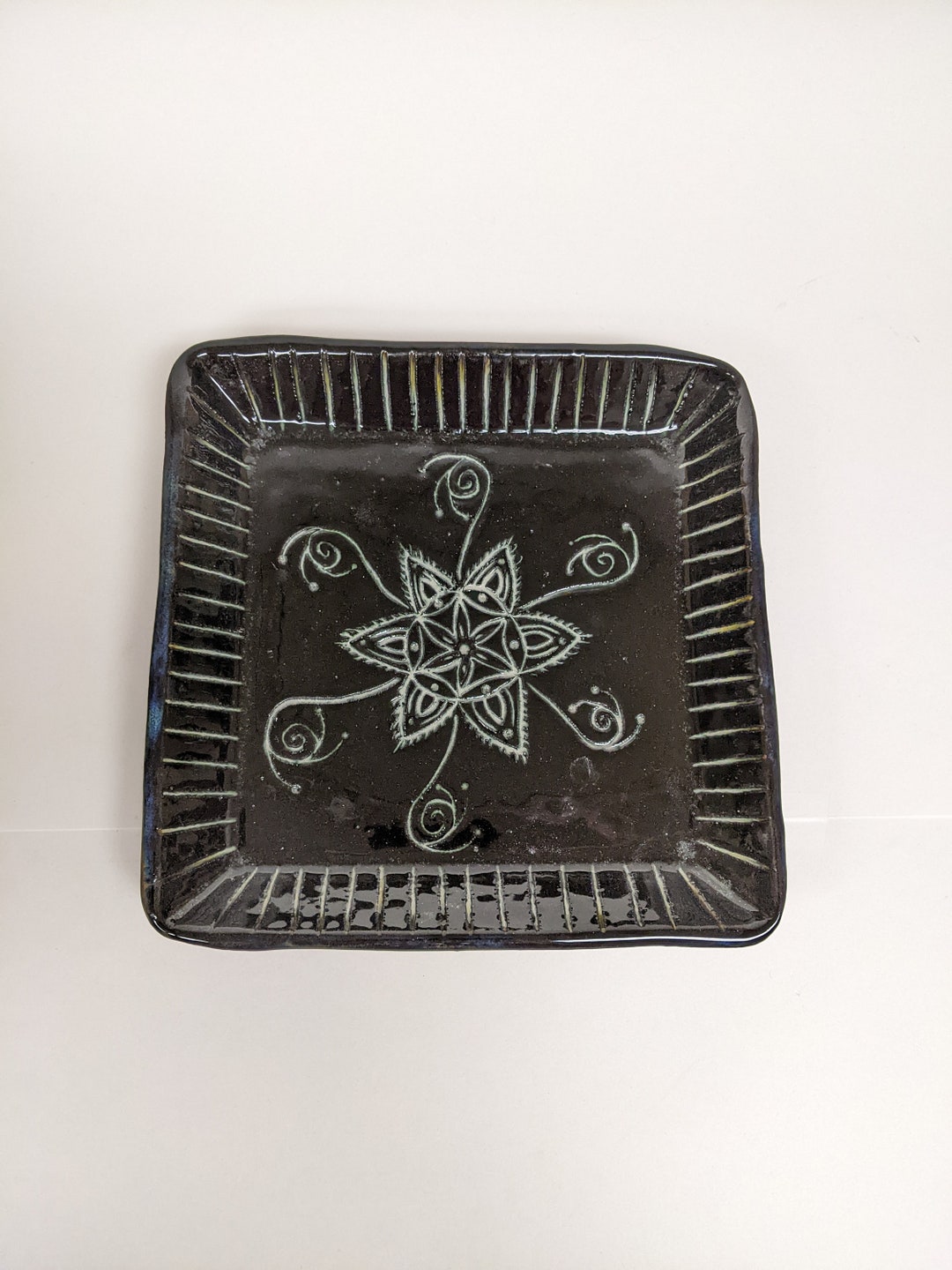 Handmade Sgraffito Ceramic Plate: Black Floral Pottery - Etsy
