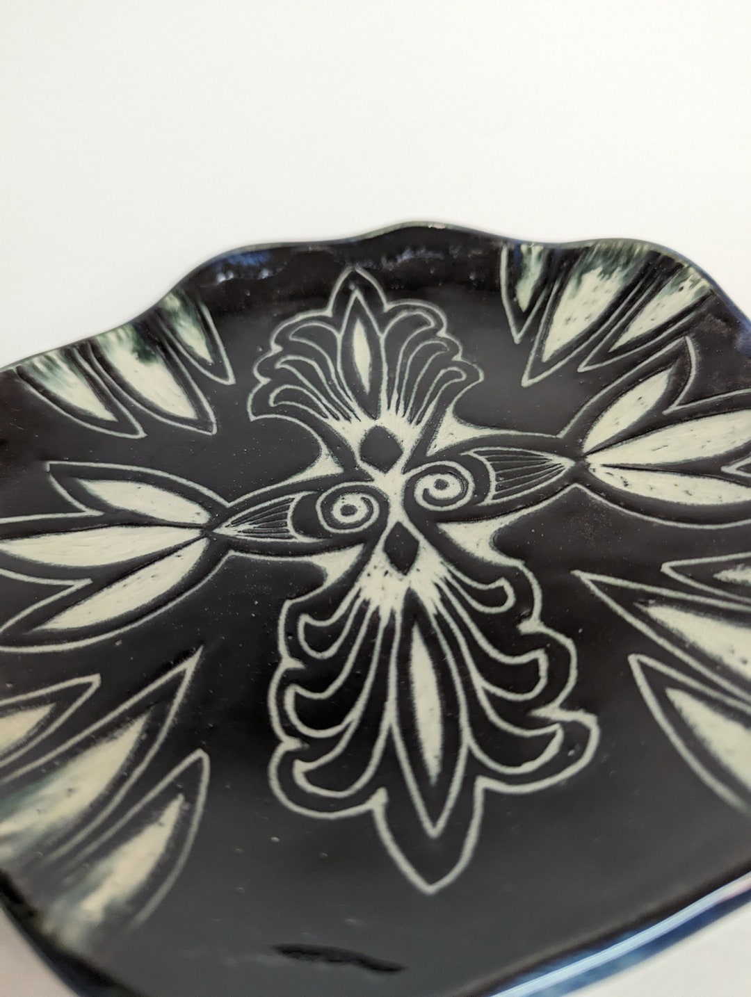 Hand Carved Sgraffito Ceramic Plate: Doodle Design, Black Underglaze - Etsy