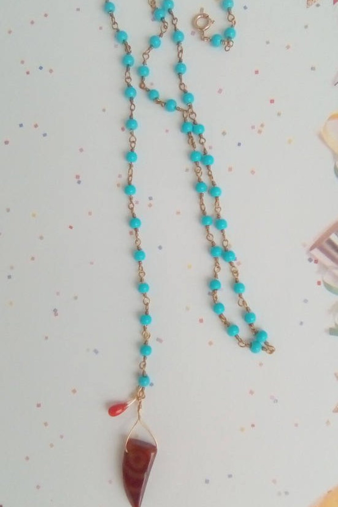 Beaded Y Necklace in Turquoise With an Etched Carnelian Agate Horn ...