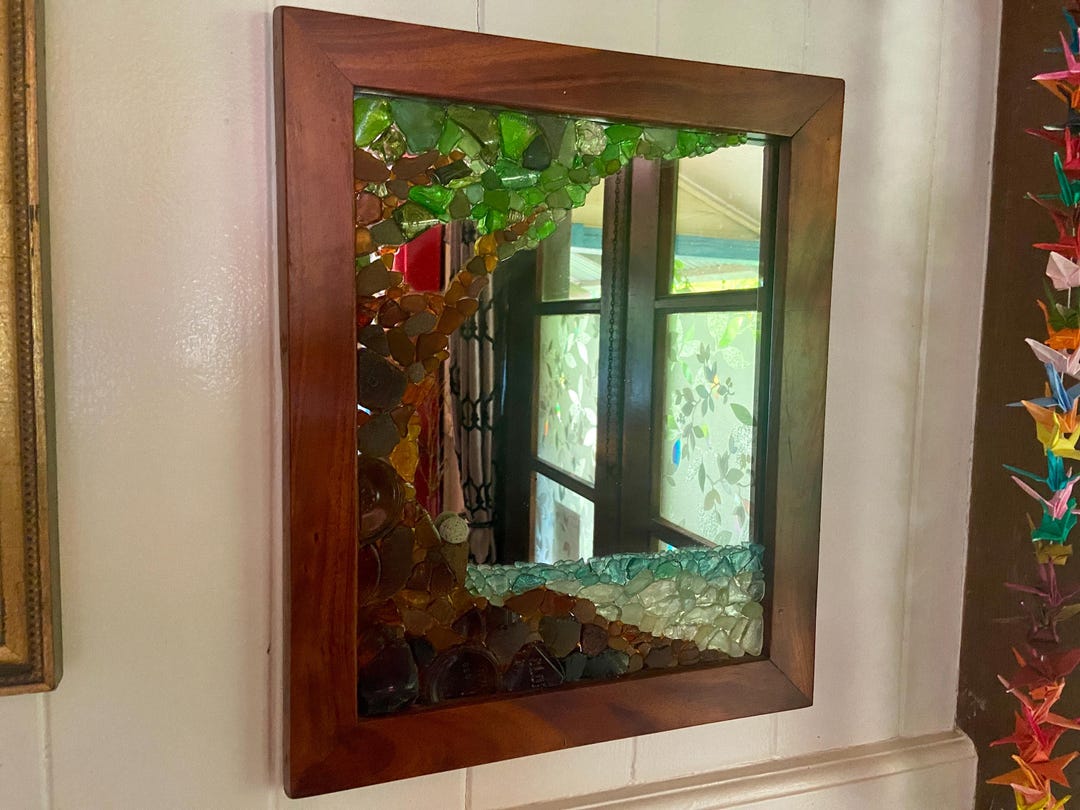 Sea Glass Art Mirror | Hawaiian Wood Frame, Authentic Big Island Beach ...