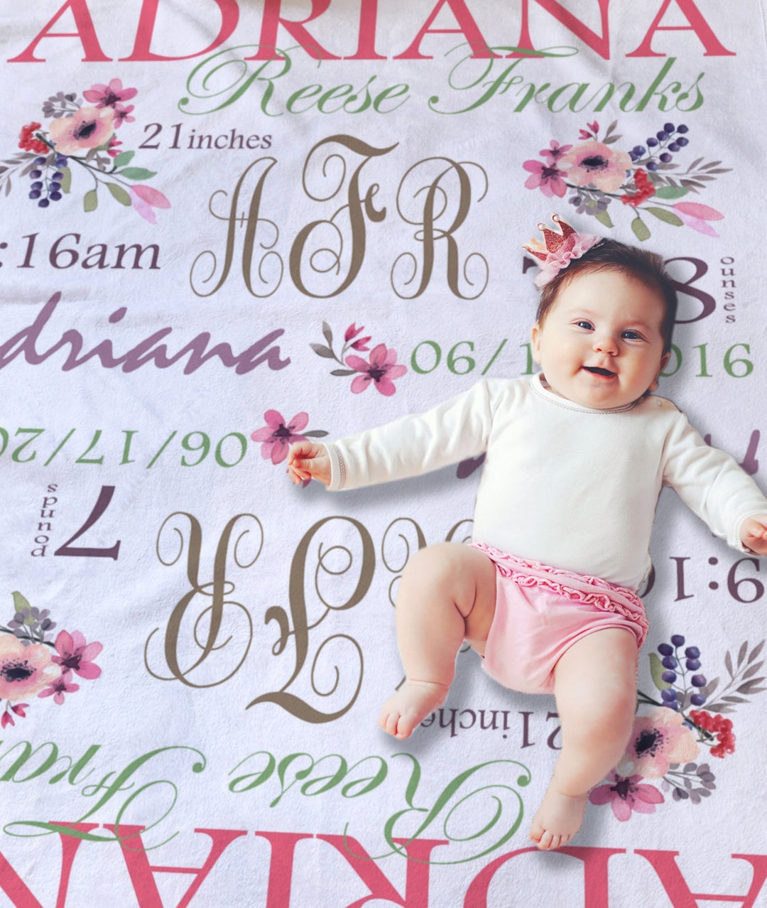 Baby Monogrammed Blanket - Custom Baby Blanket - Floral Baby Blanket ...