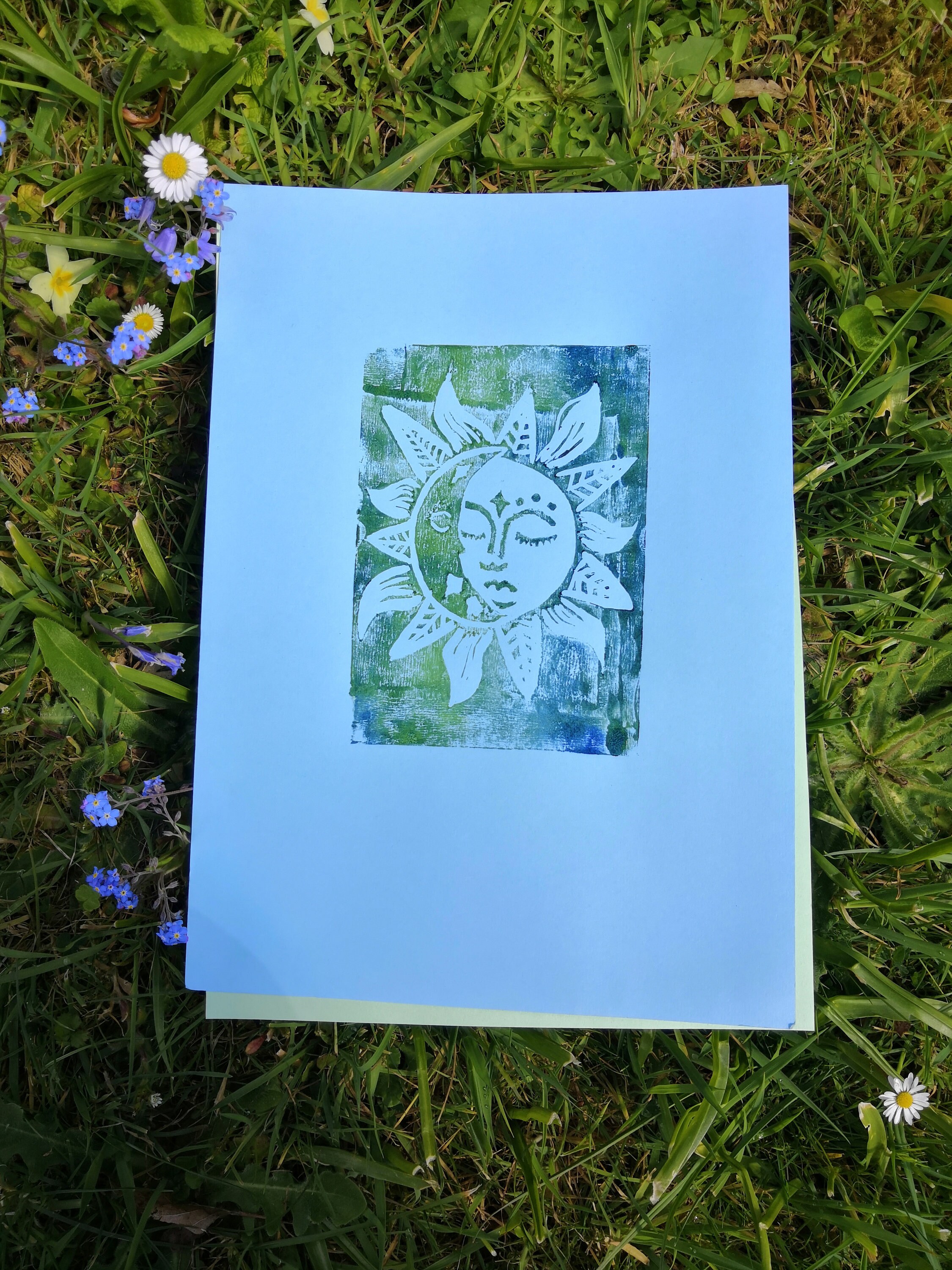 Sun & Moon lino print Hand carved and printed - Etsy.de