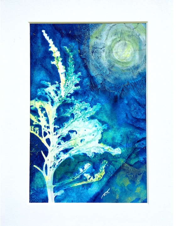 Moonlit Tree Blue Monoprint Original Artwork Approximately 5 - Etsy