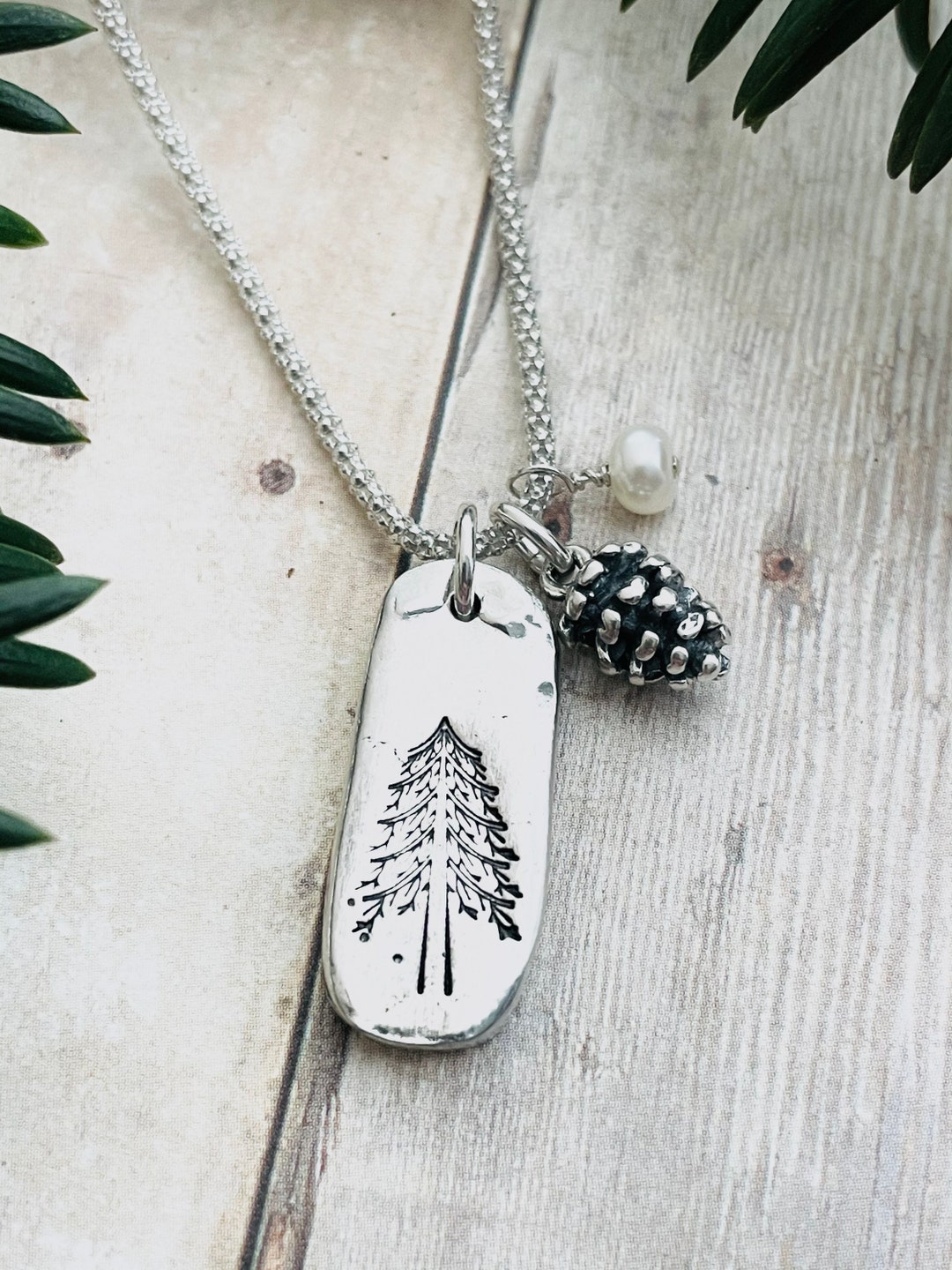 Alpine Tree Woodland Necklace With Pearl and Pinecone, Forest Necklace ...
