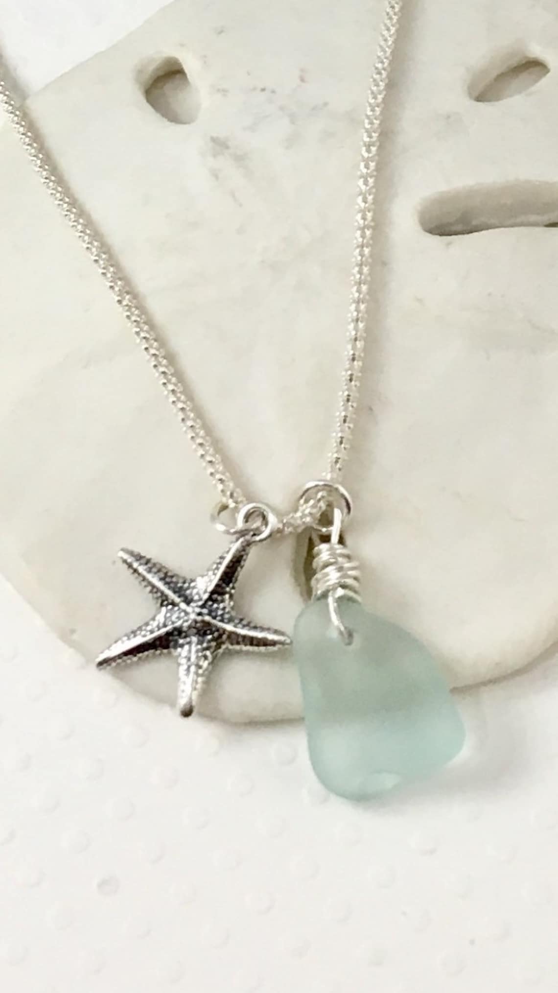 Sea Glass Necklace, Sterling Silver Sea Glass Jewelry, Starfish Charm ...