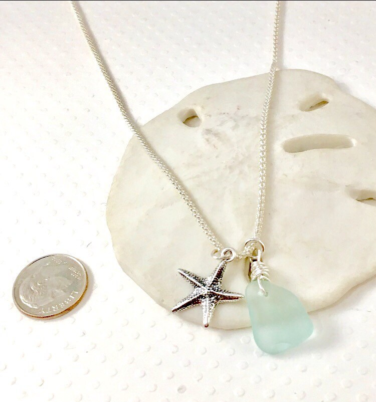 Sea Glass Necklace, Sterling Silver Sea Glass Jewelry, Starfish Charm ...