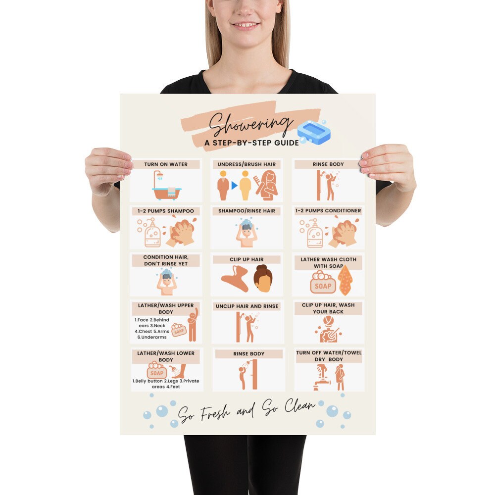 Shower Steps Chart for Long Hair - Great for ADHD Autism Visual Learner ...