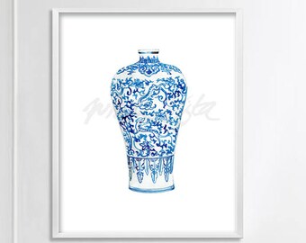 Blue White Chinese Vase Watercolor Art Prints Willow Style | Etsy