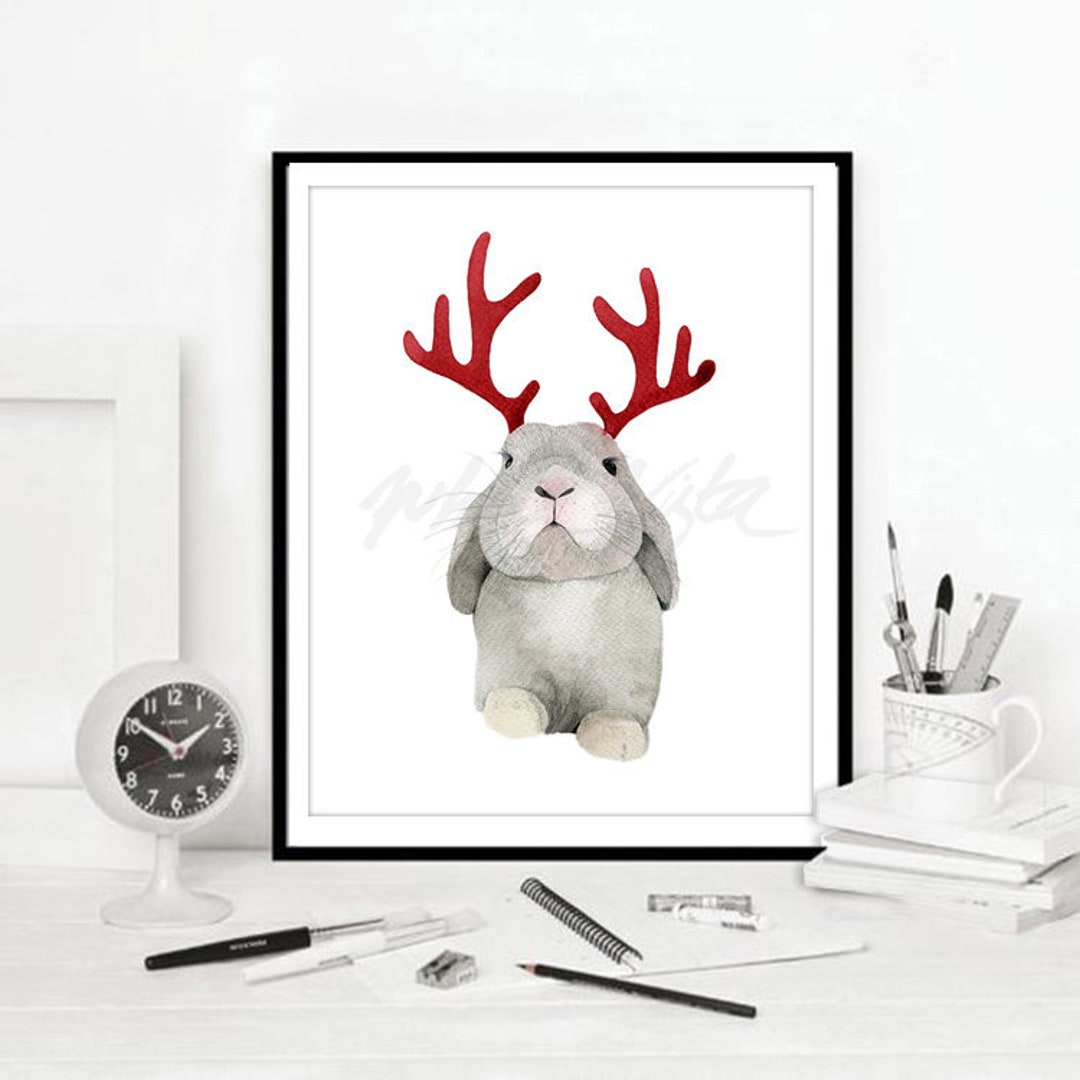 Christmas Bunny Art Print, Reindeer Antlers, Nursery Decor (digital ...