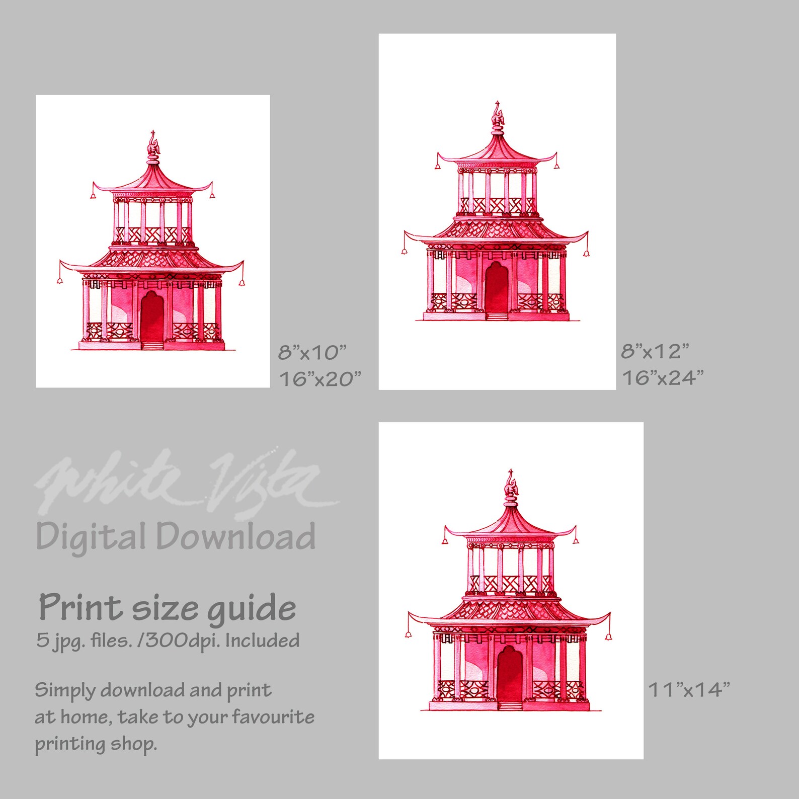 Pagoda Print Chinoiseries Art Pink Willow Style Poster | Etsy