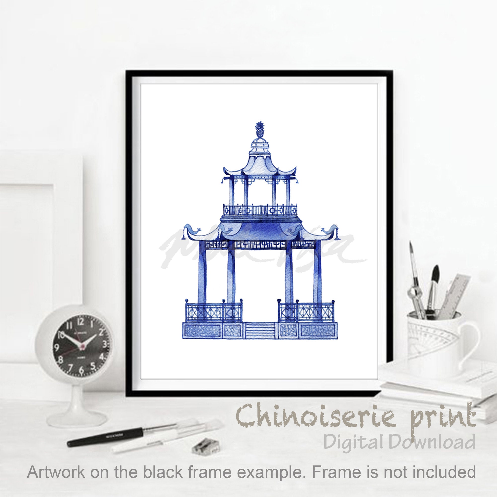 Blue Pagoda Chinoiseies Art Print Willow Style Poster Painting | Etsy