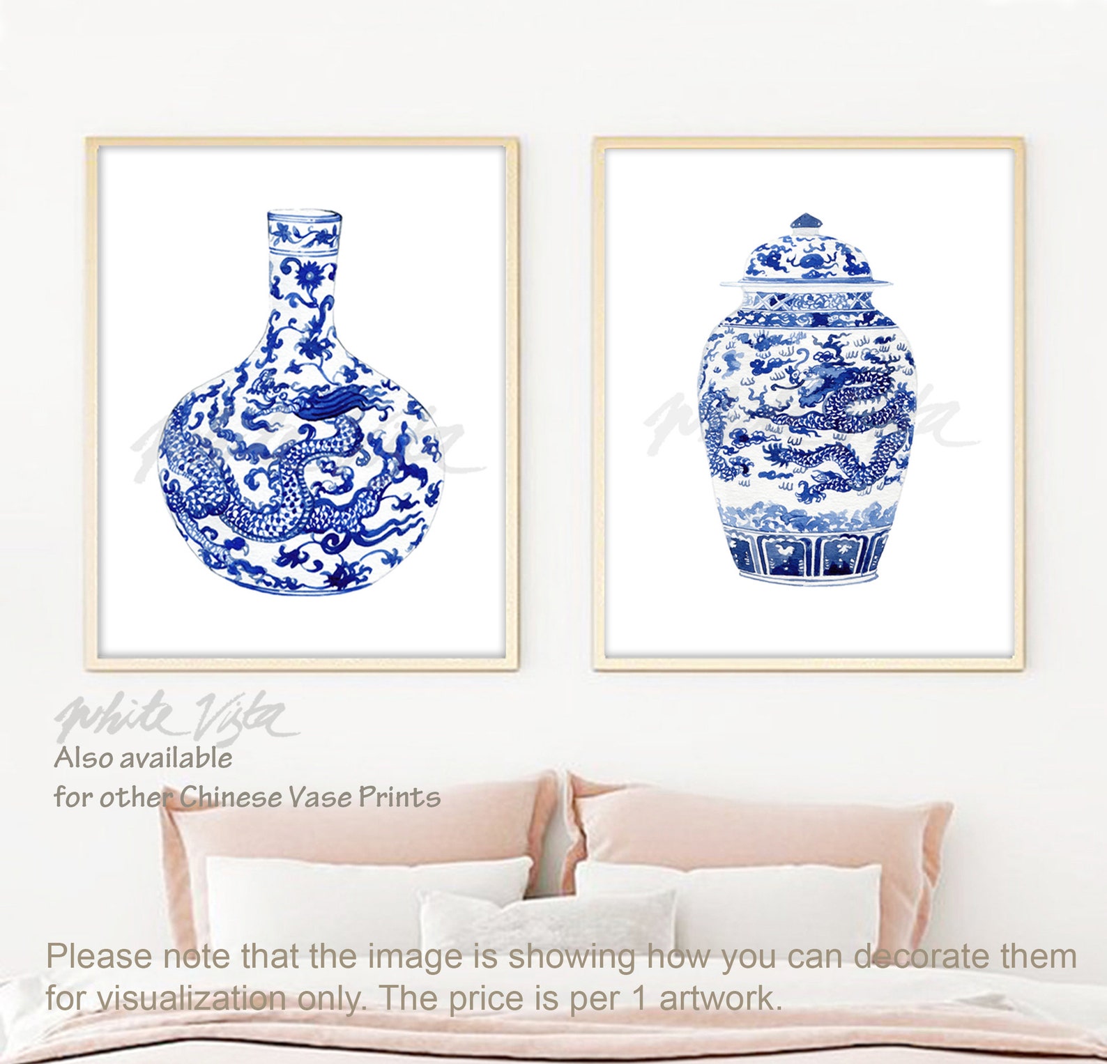 Vase Painting Blue White Chinese Art Prints Willow Style Asian | Etsy