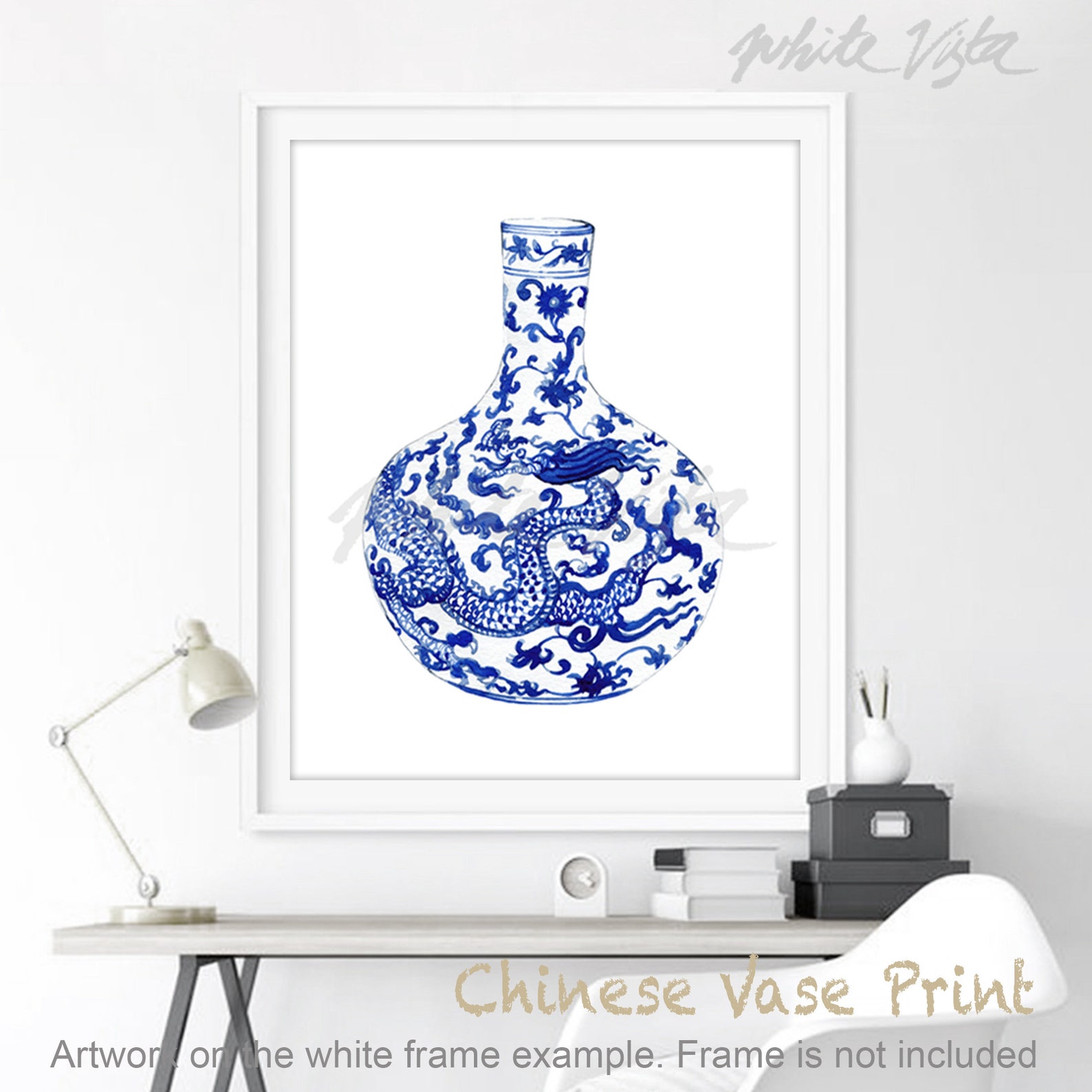 Vase Painting Blue White Chinese Art Prints Willow Style Asian | Etsy