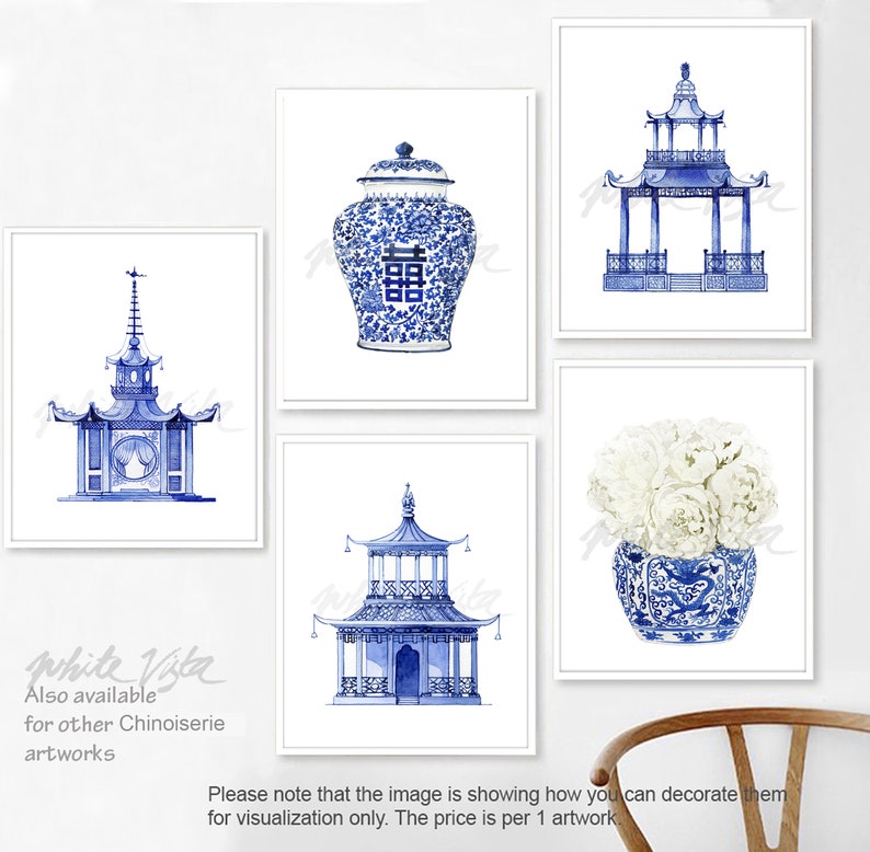 Pagoda Print Chinoiseies Art Blue Willow Style Poster Painting - Etsy