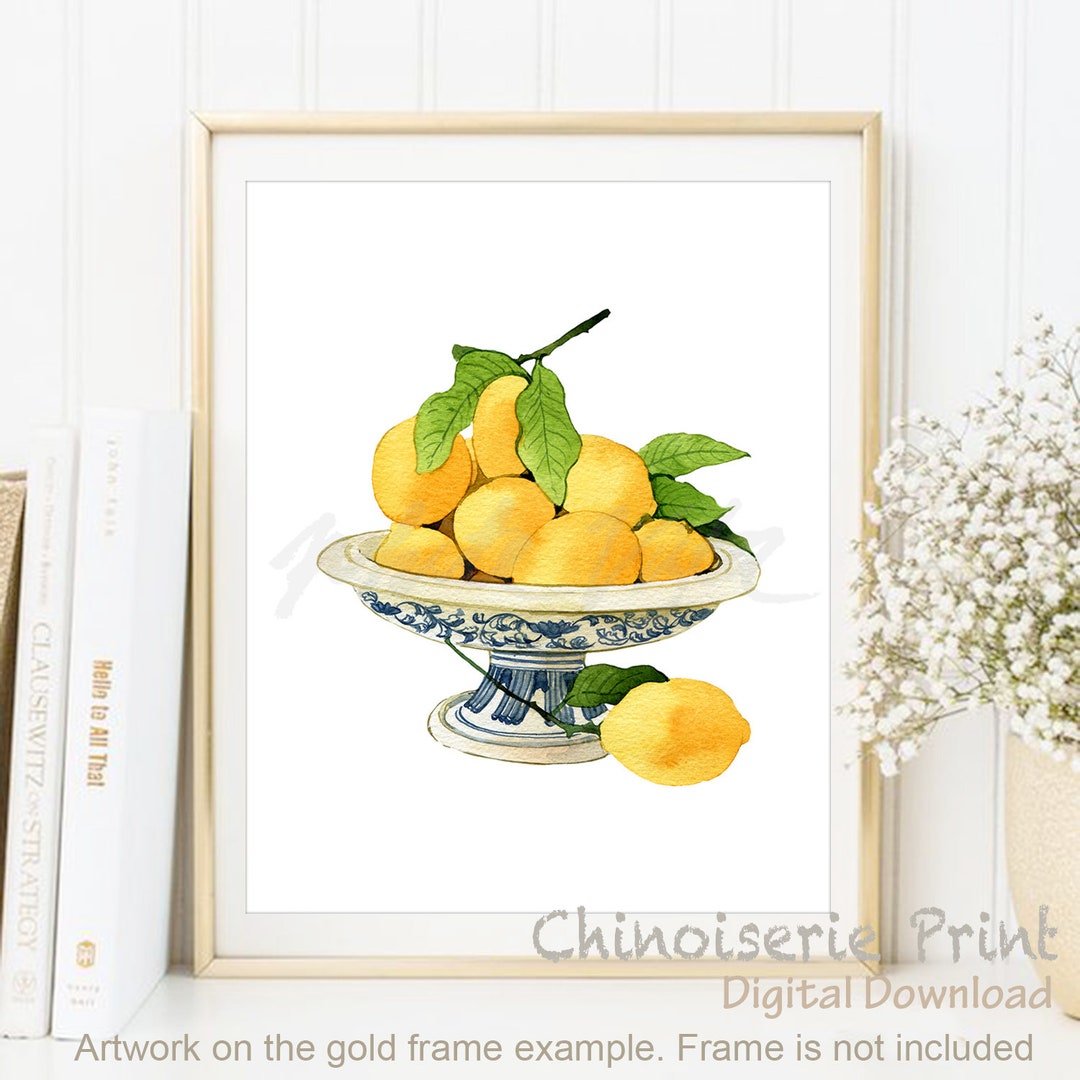 Lemon Print, Kitchen Wall Art, Chinese Porcelain, Blue and White Vase ...
