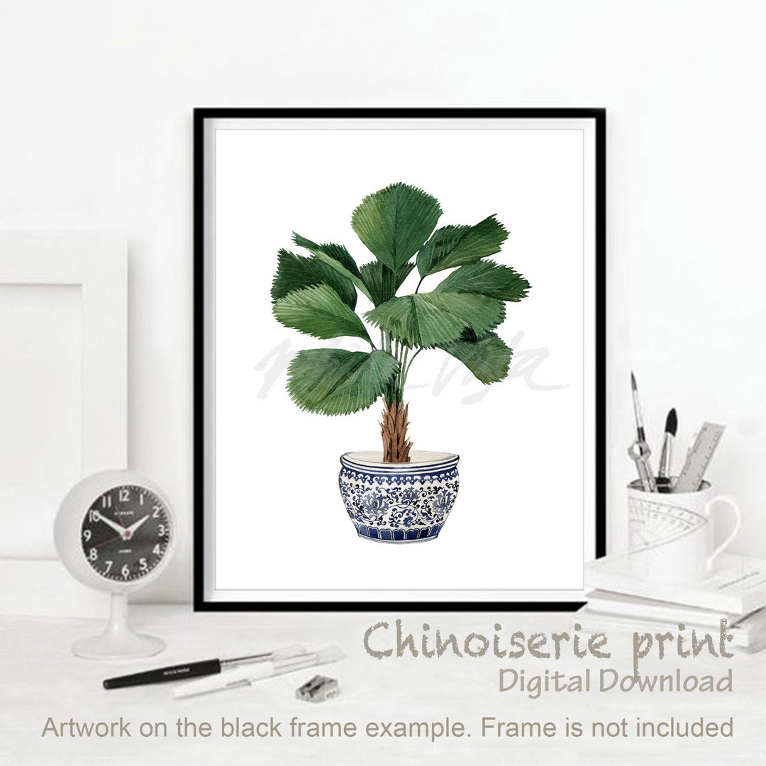 Blue Willow, Chinoiserie Art, Fan Palm Plant, Chinese Painting Colonial ...