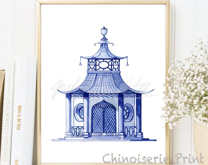 Chinoiserie Prints, Blue Pagoda Print, Hollywood Regency Decor, Pagoda ...