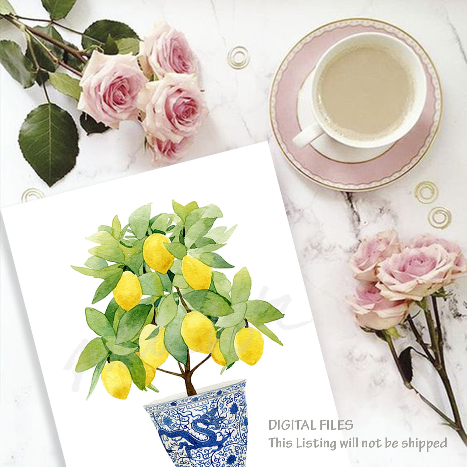 Lemon Print Chinoiserie Planter Bonsai Chinese Painting Zen Decor ...