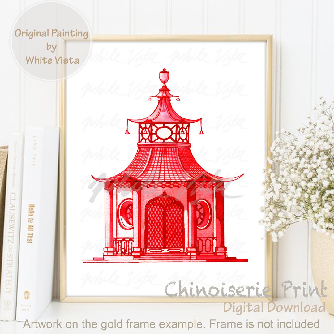 PAGODA Temple Red Art Print Watercolor Willow Poster Asian Landscape ...