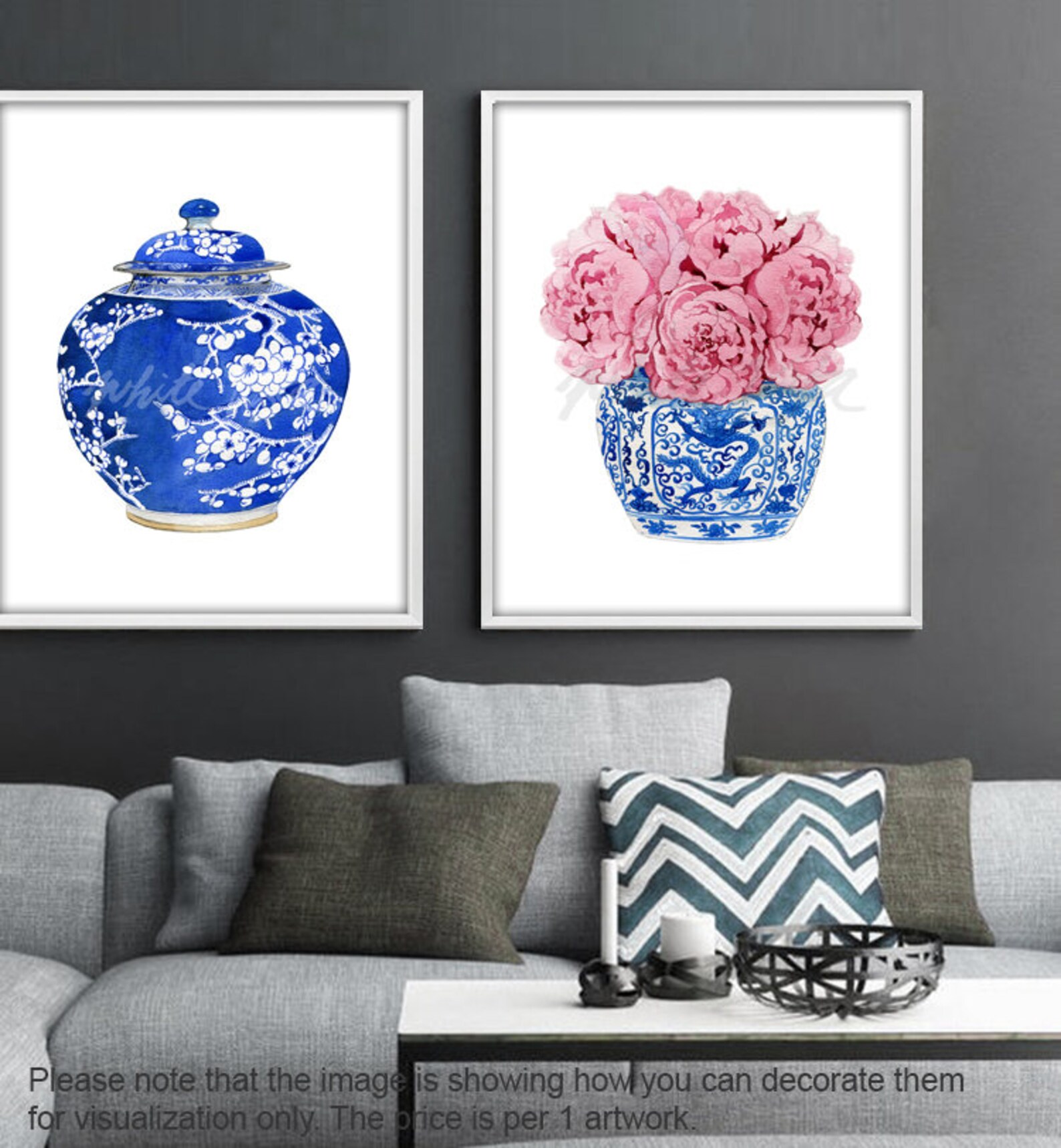 Blue and White Chinese Vase Watercolor Arts Prints Willow Style Chinese ...