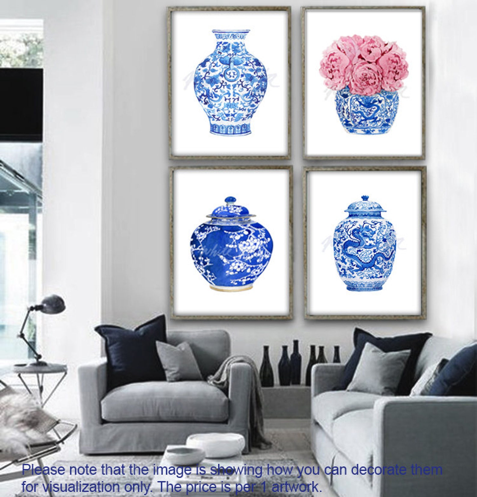 Blue and White Chinese Vase Watercolor Arts Prints Willow Style Chinese ...
