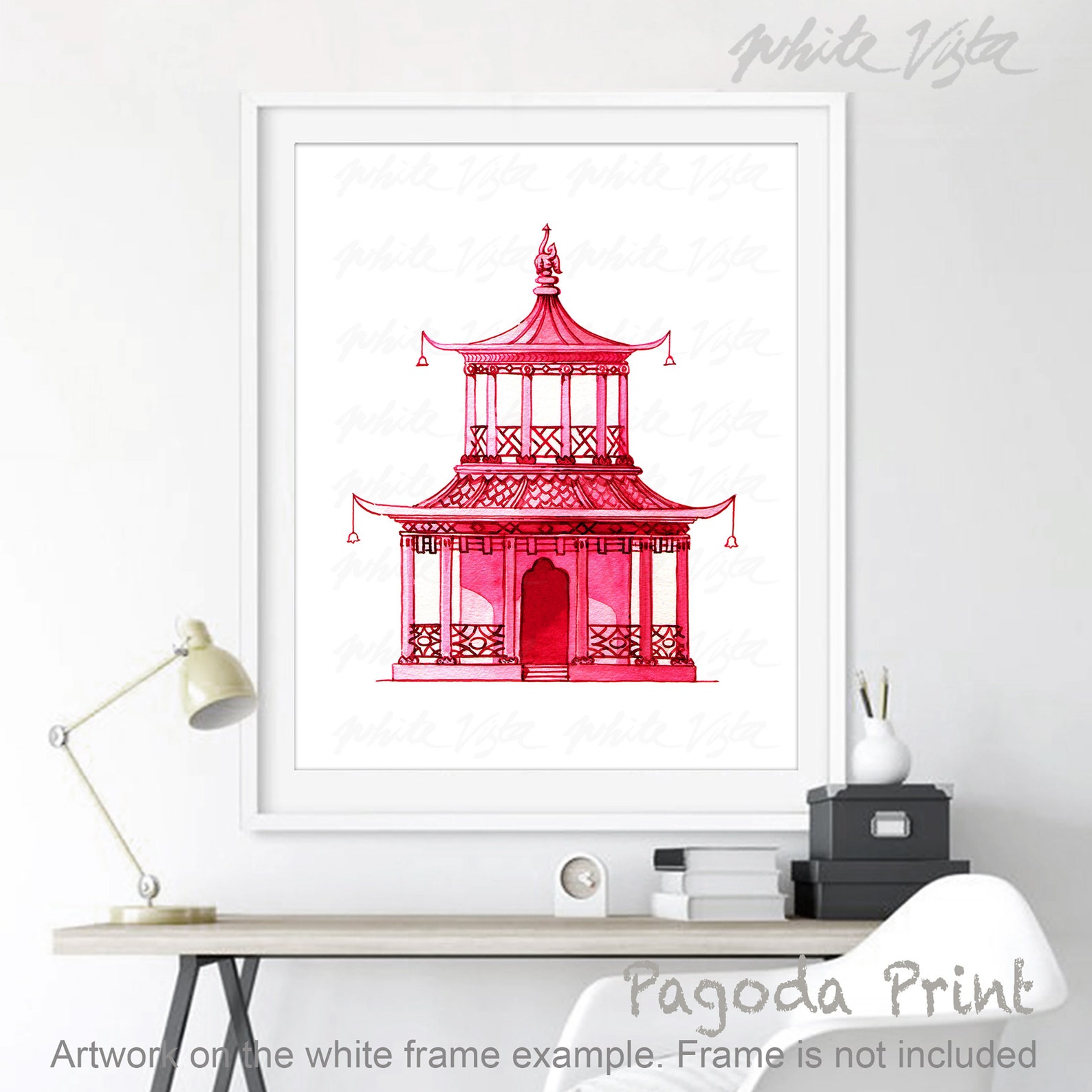 Pagoda Print Chinoiseries Art Pink Willow Style Poster | Etsy