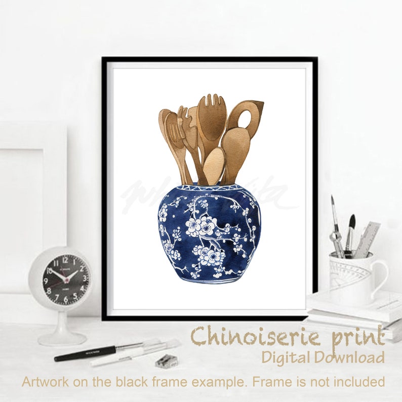 Chinoiserie Vase Kitchen Print, Blue White Ginger Jar Art (digital ...