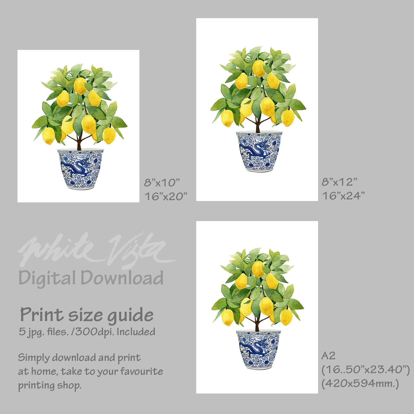 Lemon Print Chinoiserie Planter Bonsai Chinese Painting Zen Decor ...