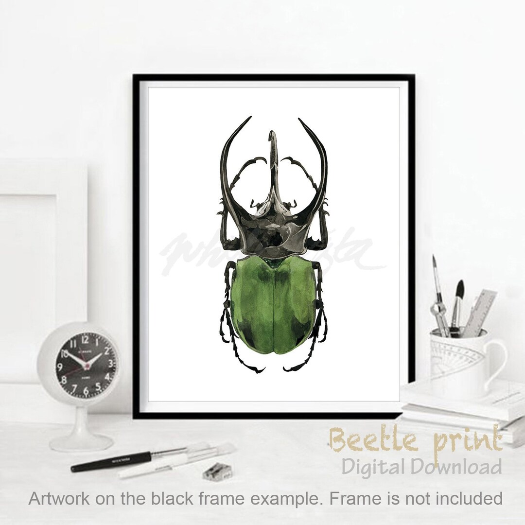Beetle Wall Art Watercolour Prints Green Stag Beetles Printable Bug ...