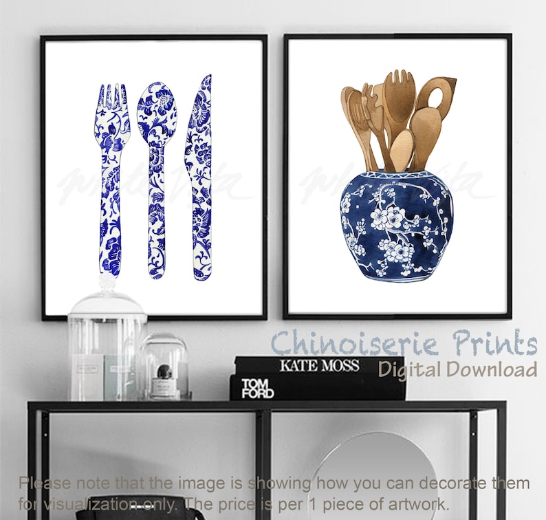 Chinoiserie Vase Kitchen Print, Blue White Ginger Jar Art (digital ...