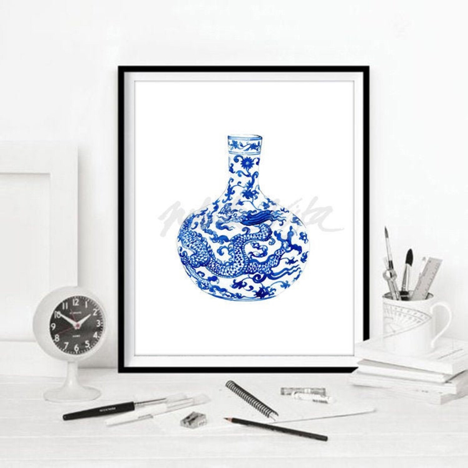 Vase Painting Blue White Chinese Art Prints Willow Style Asian | Etsy