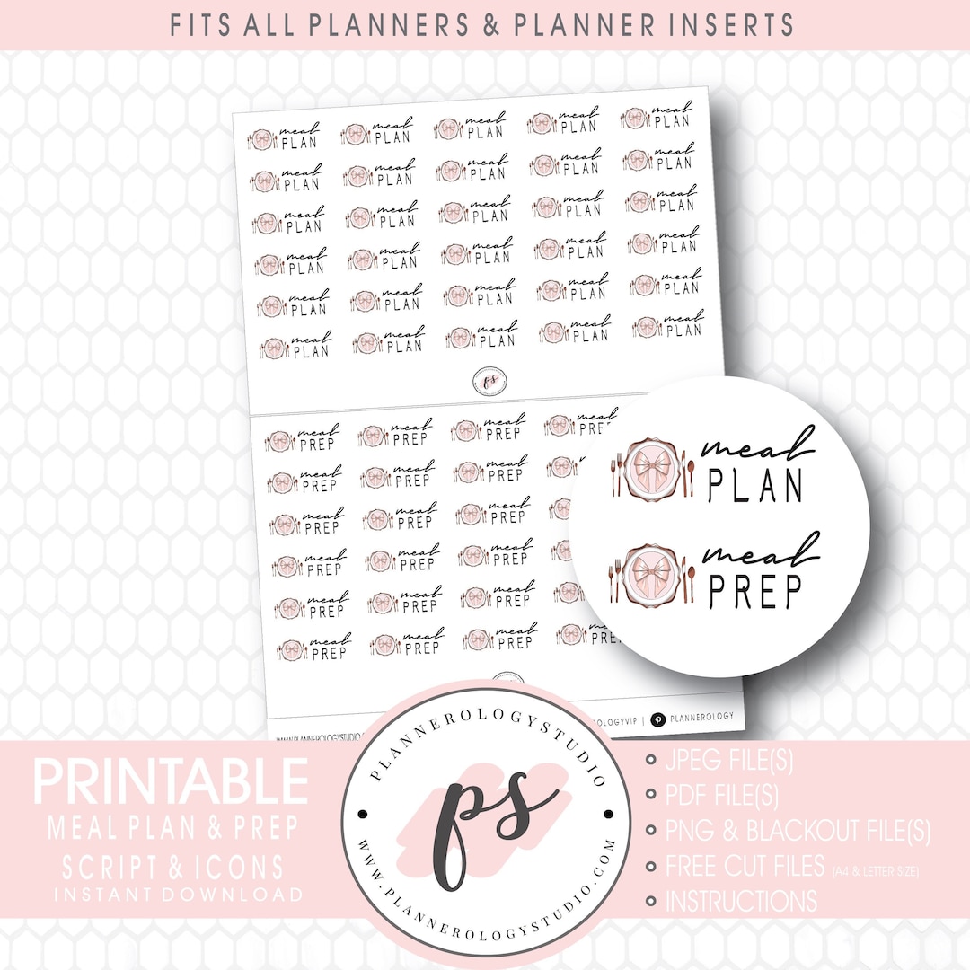 Meal Plan and Meal Prep Script & Icons Digital Printable Planner Stickers | Jpg/pdf/free Cut ...
