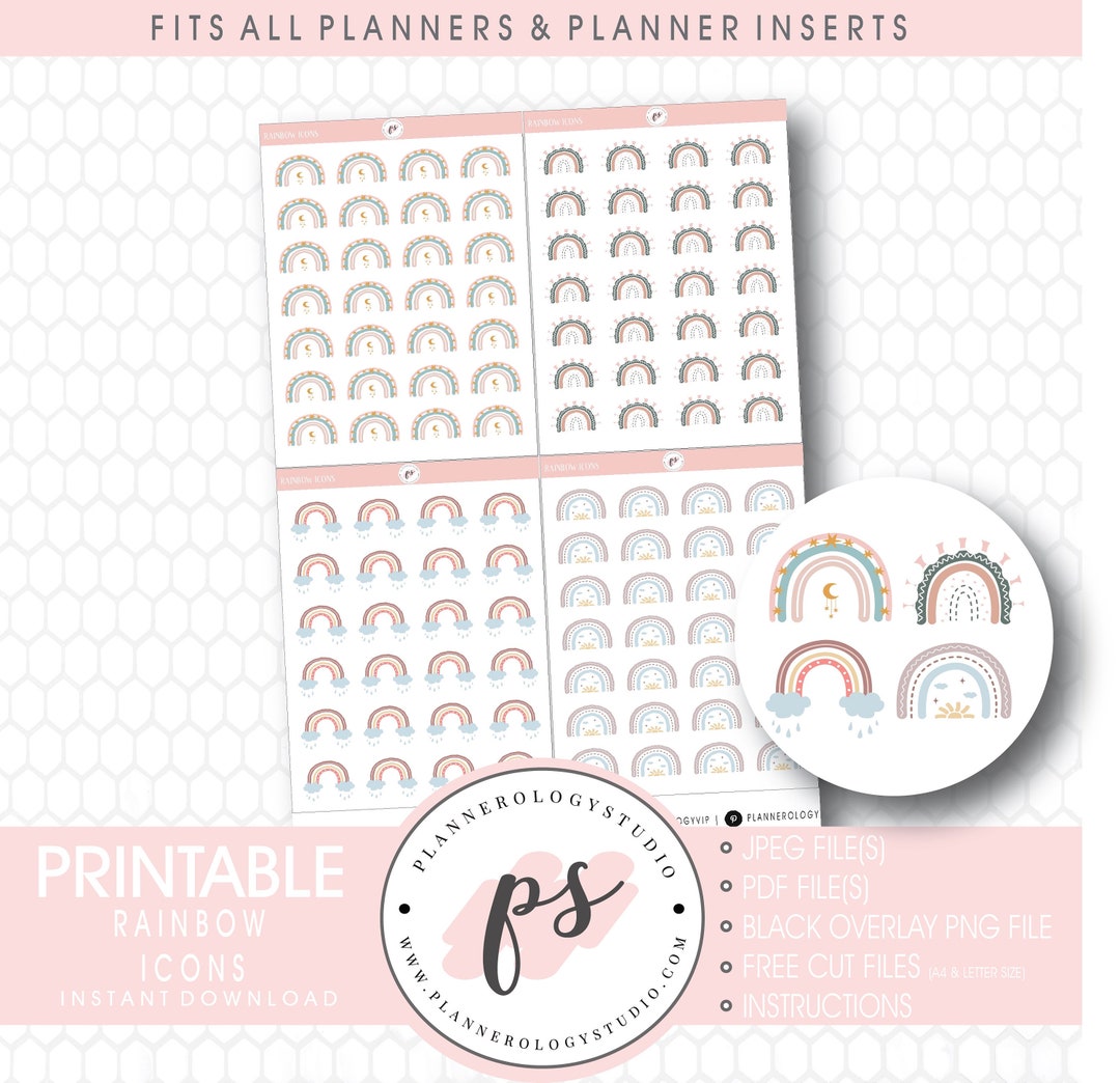 Decorative Scandi Rainbows Doodle Icons Digital Printable Planner ...