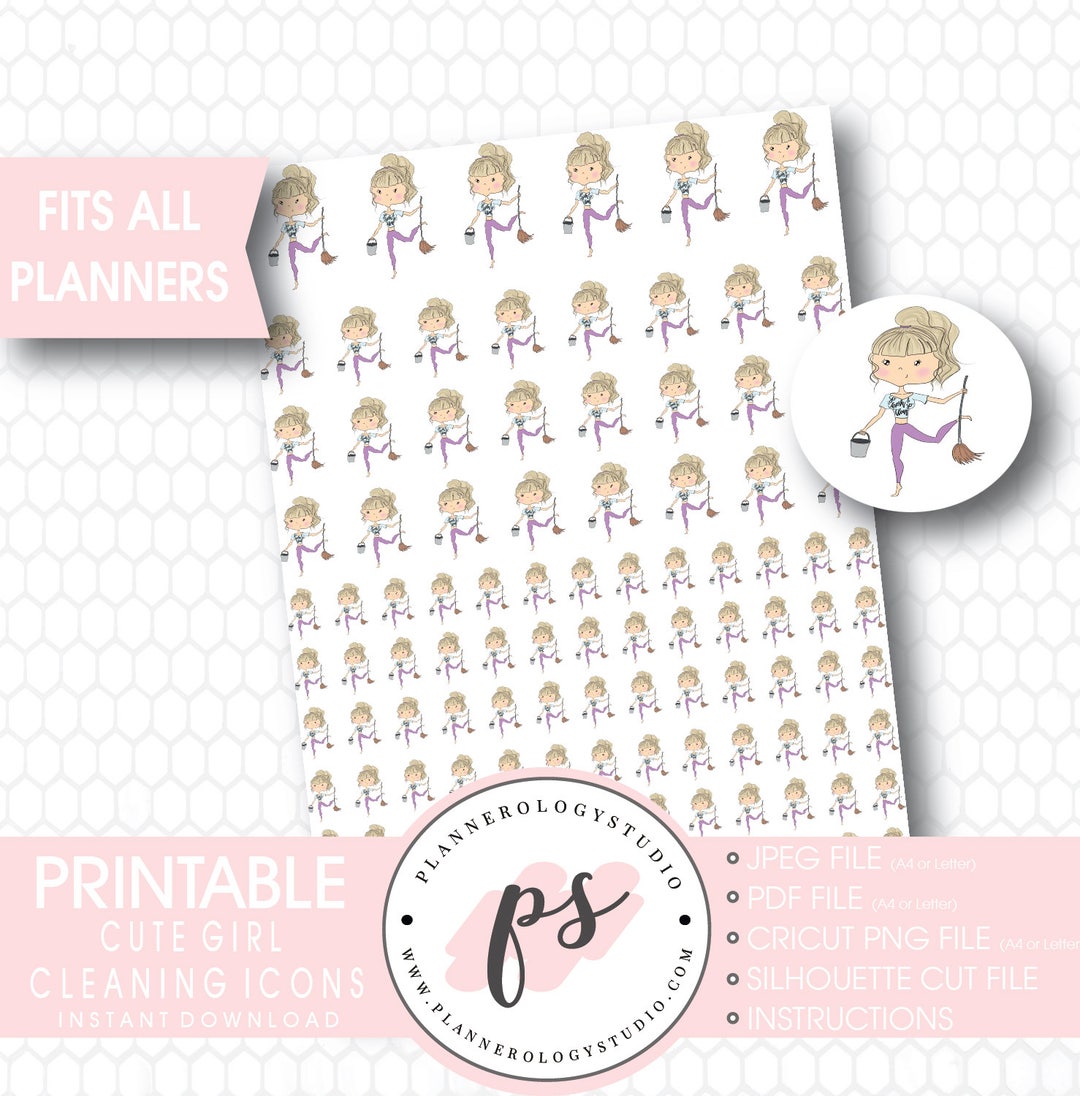 Cute Girl Cleaning to Clean Icon Printable Planner Stickers | Jpg/pdf ...