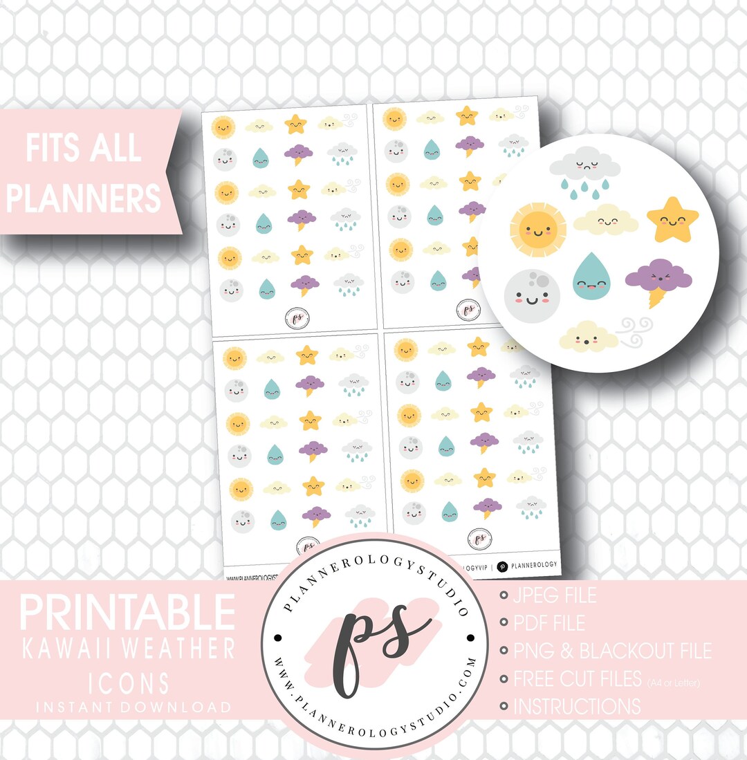Various Kawaii Cute Weather Icons Digital Printable Planner Stickers ...