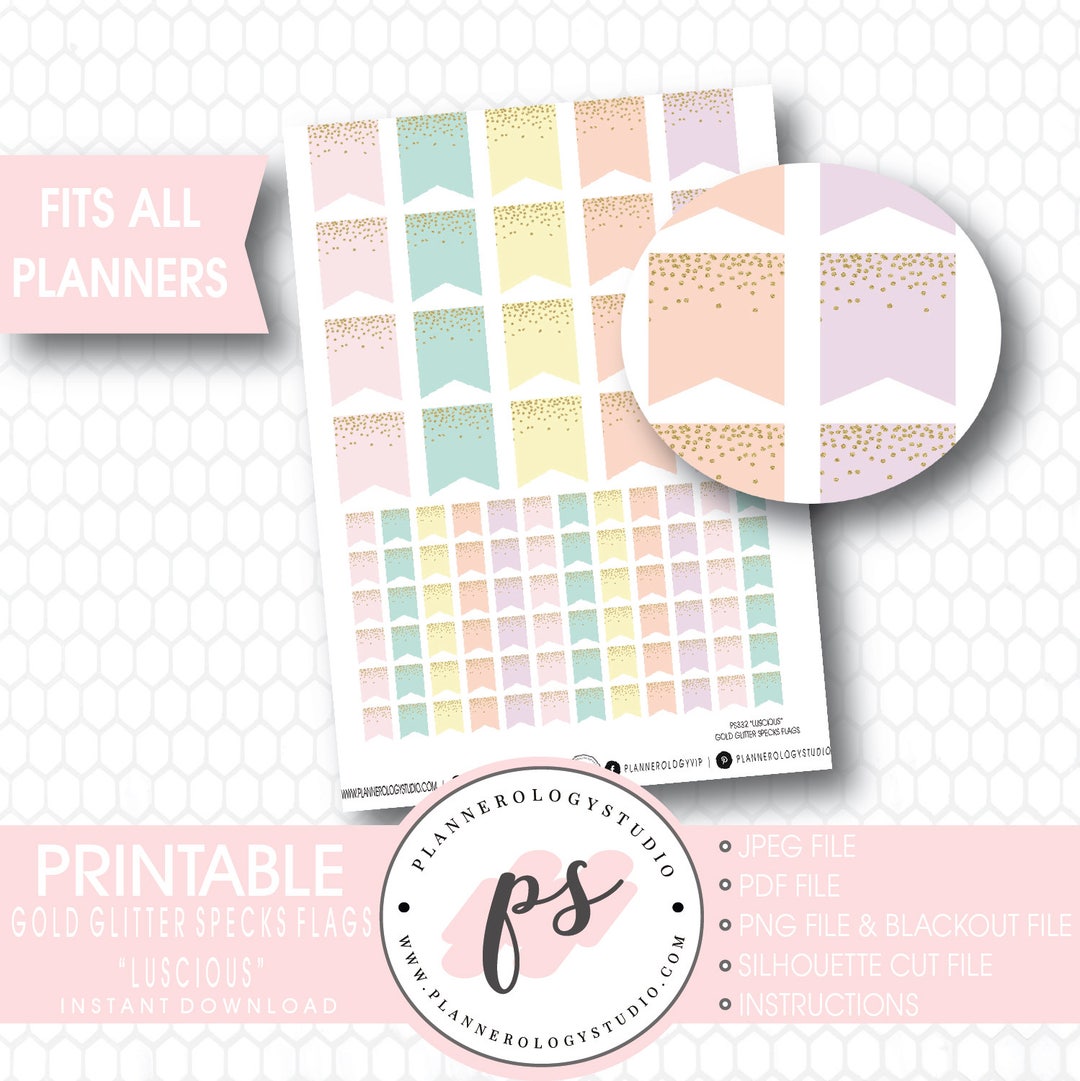Gold Glitter Specks Flags Printable Planner Stickers | Luscious | Jpg ...