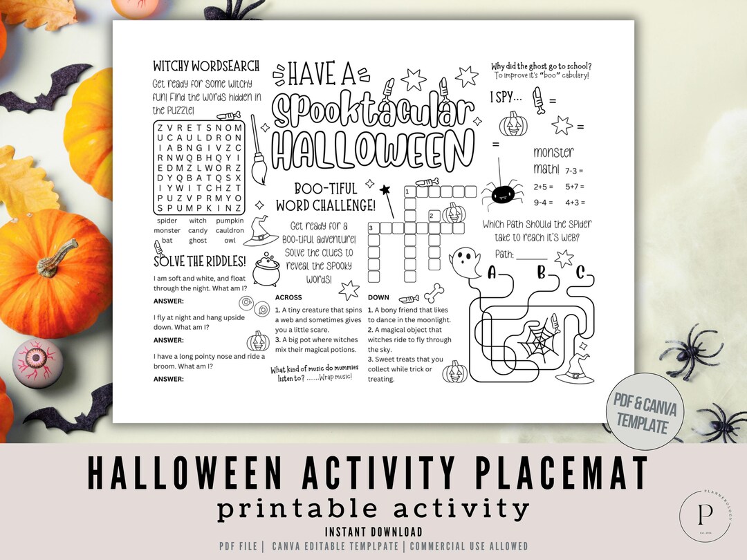 Halloween Coloring in Activity Placemat | Kids Coloring & Game Sheet ...