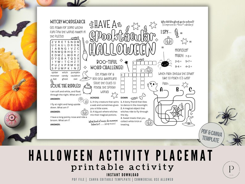 Halloween Coloring in Activity Placemat | Kids Coloring & Game Sheet ...