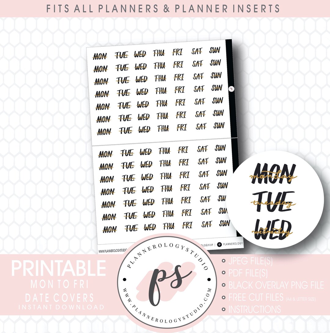 Days of Week (monday to Friday) Date Cover Digital Printable Planner ...