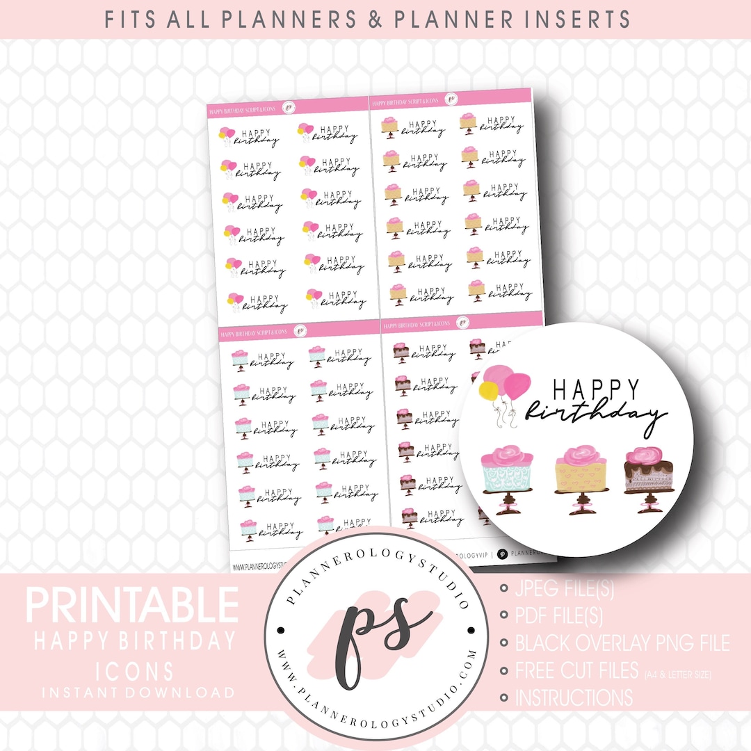 Happy Birthday Script & Icons Digital Printable Planner Stickers | Jpg ...