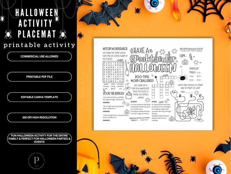 Halloween Coloring in Activity Placemat | Kids Coloring & Game Sheet ...
