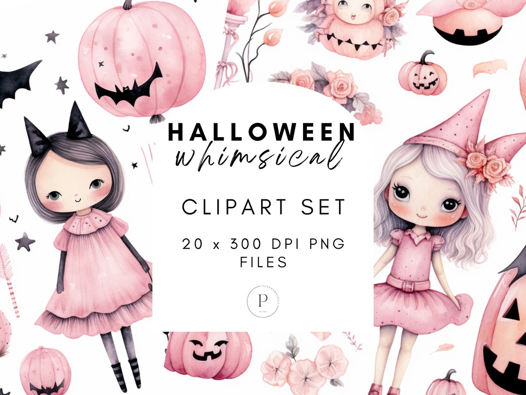 Pastel Pink Halloween Whimsical Watercolor Clipart Images | 20 PNG 300 ...