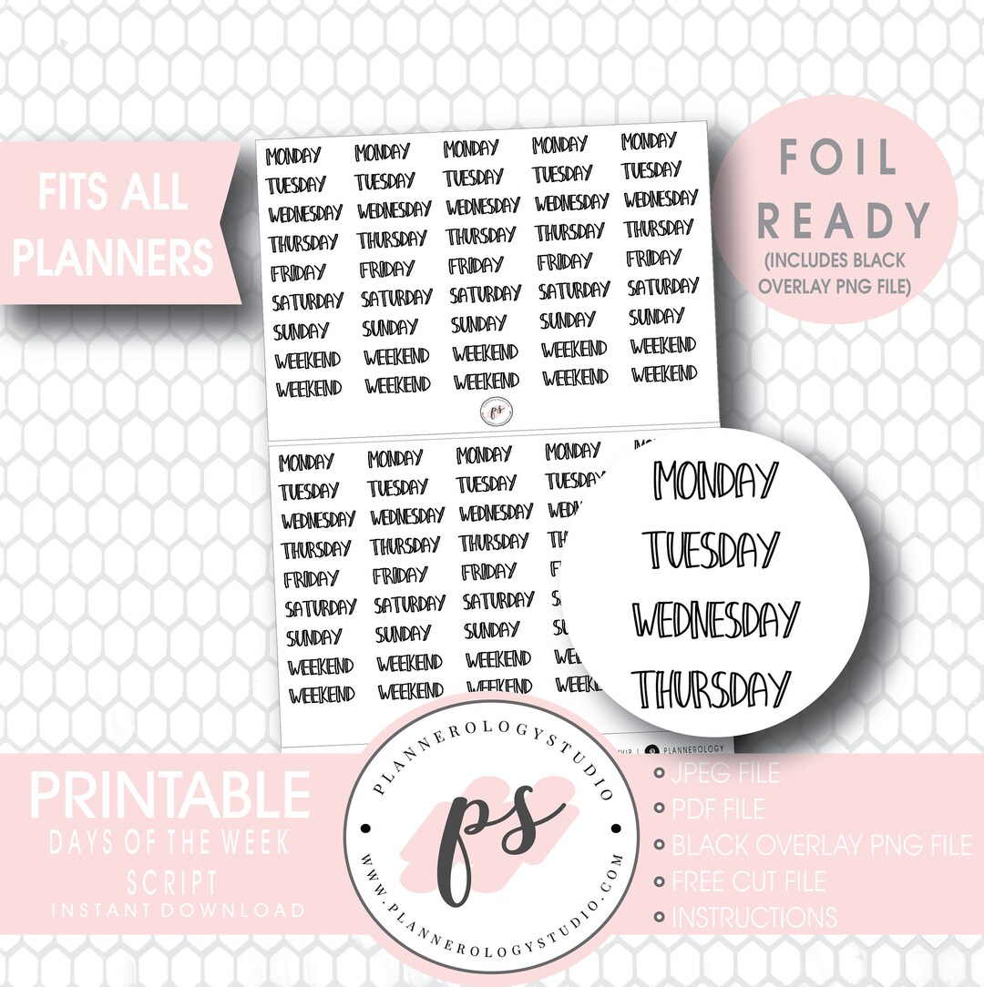 Days of the Week Script Foil Ready Digital Printable Planner Stickers ...