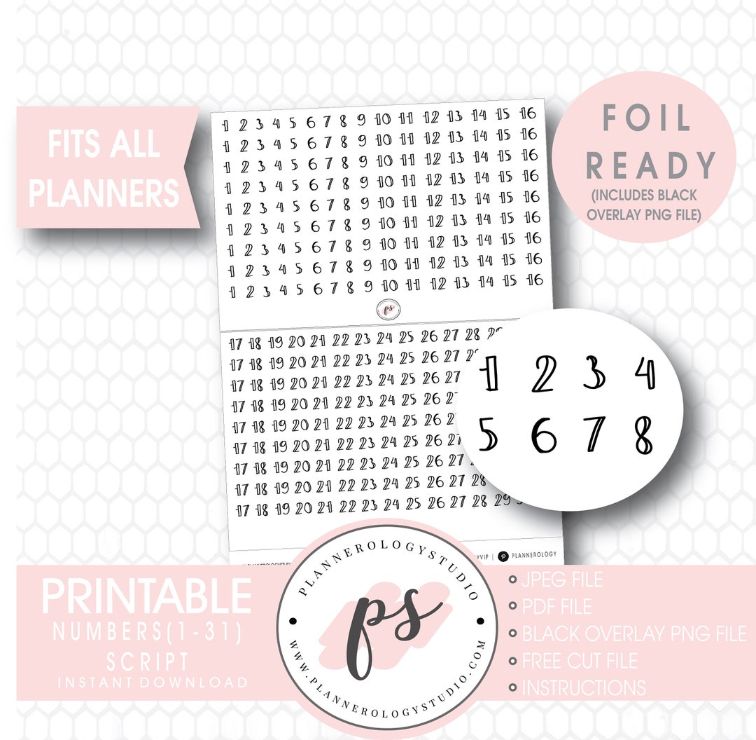 Numbers (1 to 31) Script Foil Ready Digital Printable Planner Stickers ...