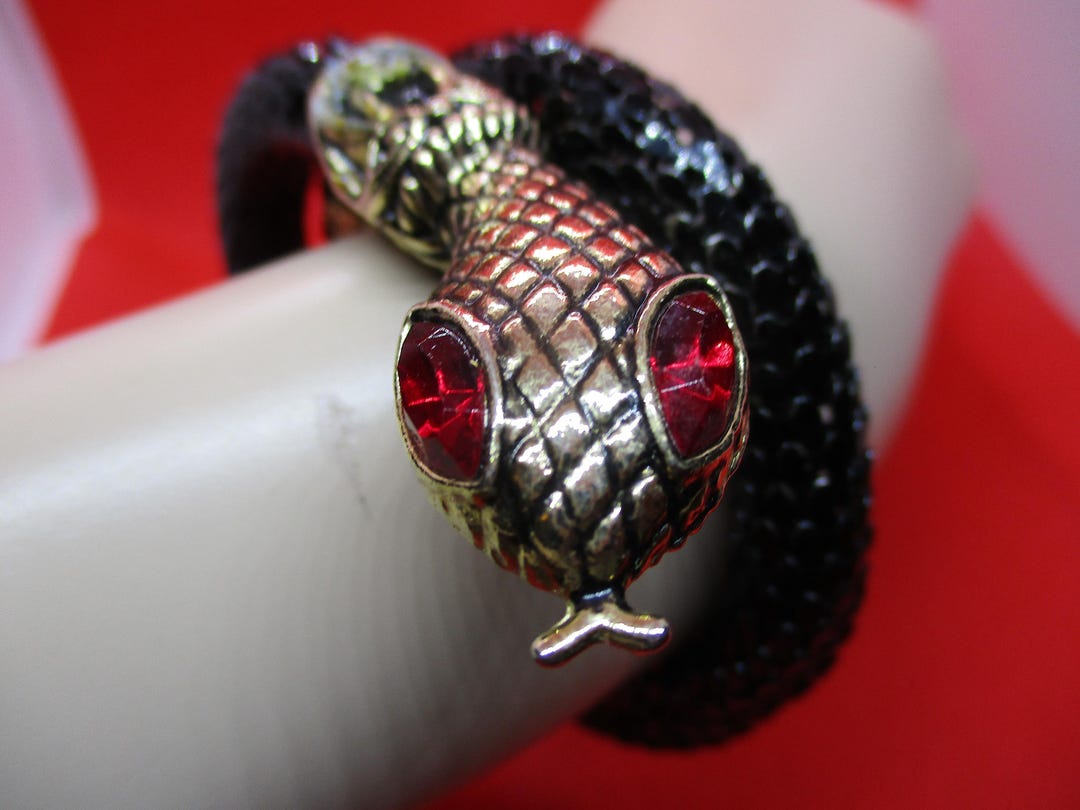 1970s Unique Black Mesh Coil Snake Bracelet ~ Red Glass Eyes ~ Gleaming ...