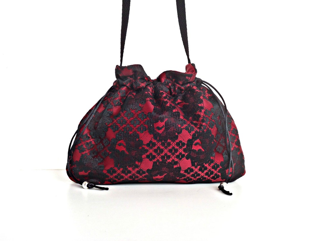 Lace Drawstring Pouch, Red and Black Evening Shoulder Purse, Crossbody ...
