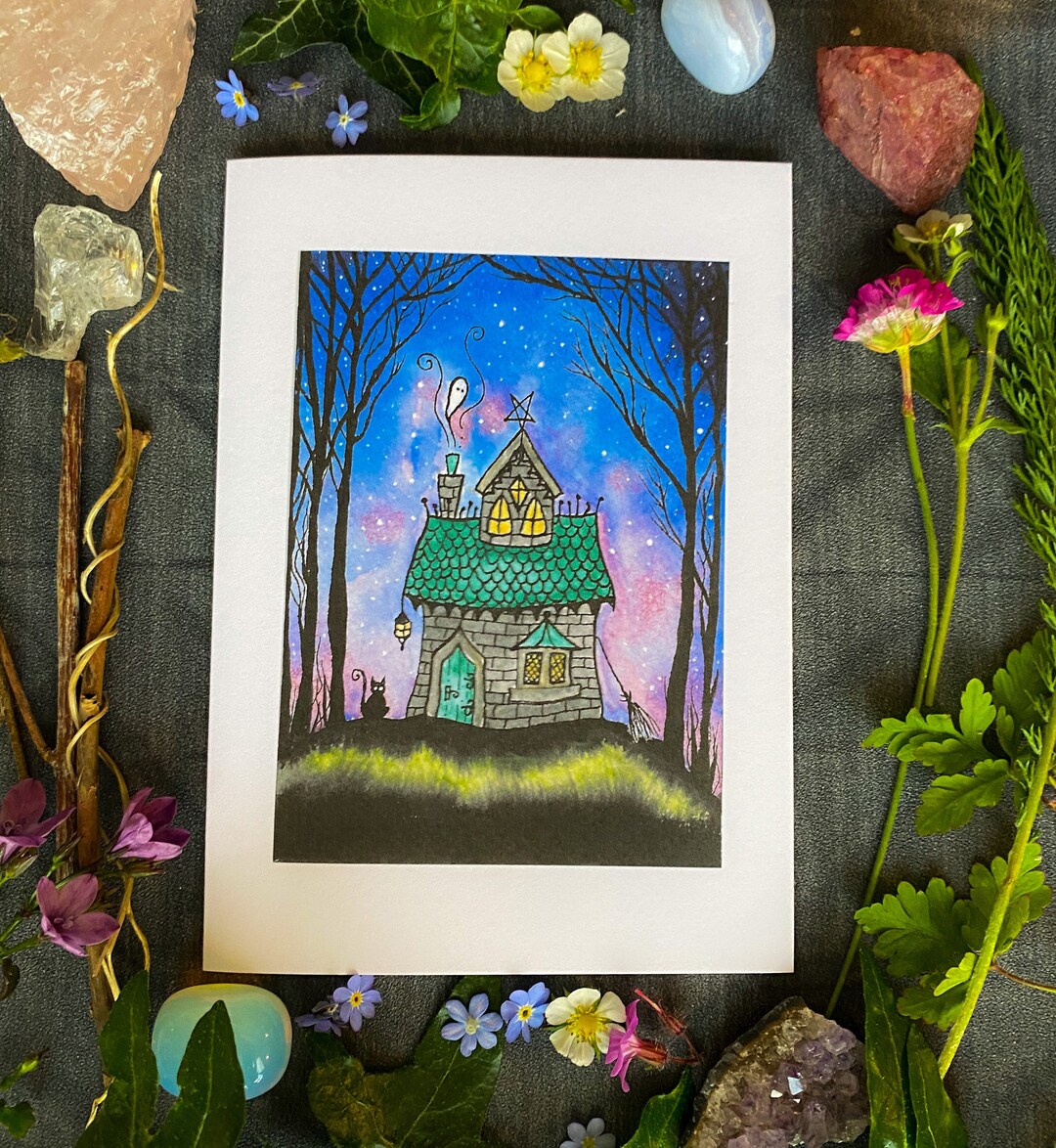 Witches Cottage Card, Gothic Art Card, Spooky Card, Halloween, Made in ...