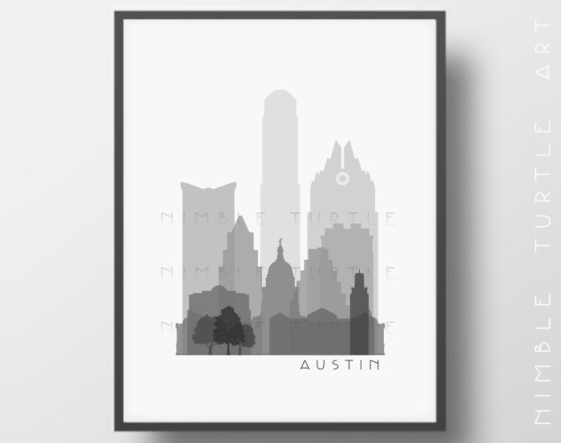 Austin Skyline Printable Download - Black and White - Grayscale ...