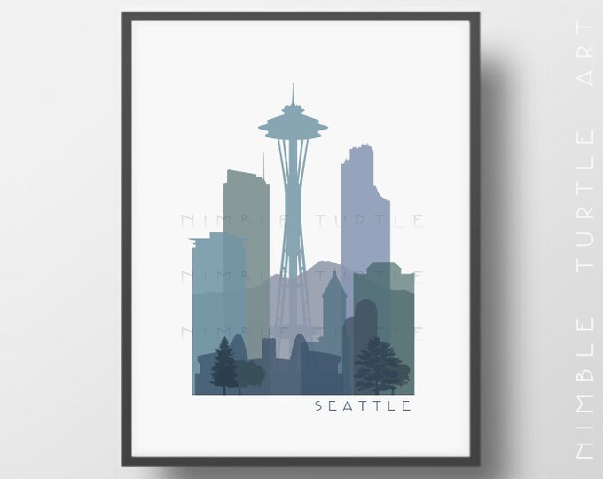 Seattle Skyline Printable Download, Blue Green, Seattle Washington ...